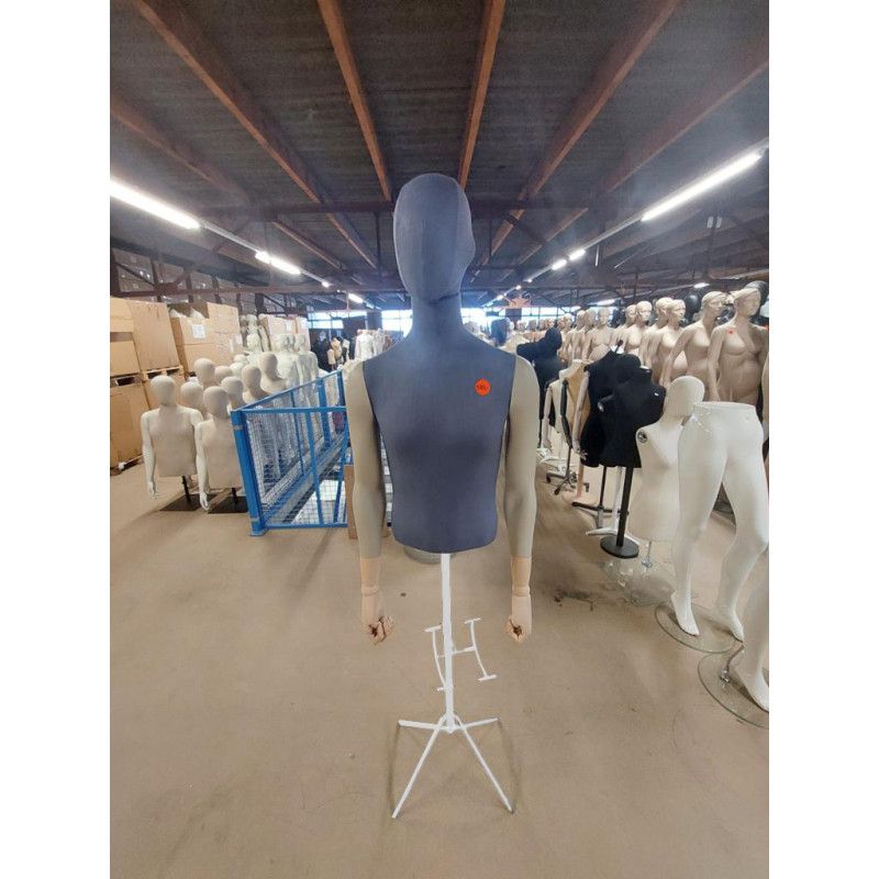 Male bust with blue fabric and arms on tripod base